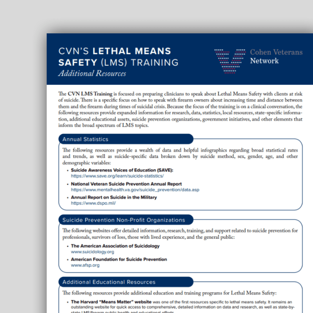 Lethal Means Counseling Toolkit for Clinicians - Cohen Veterans Network